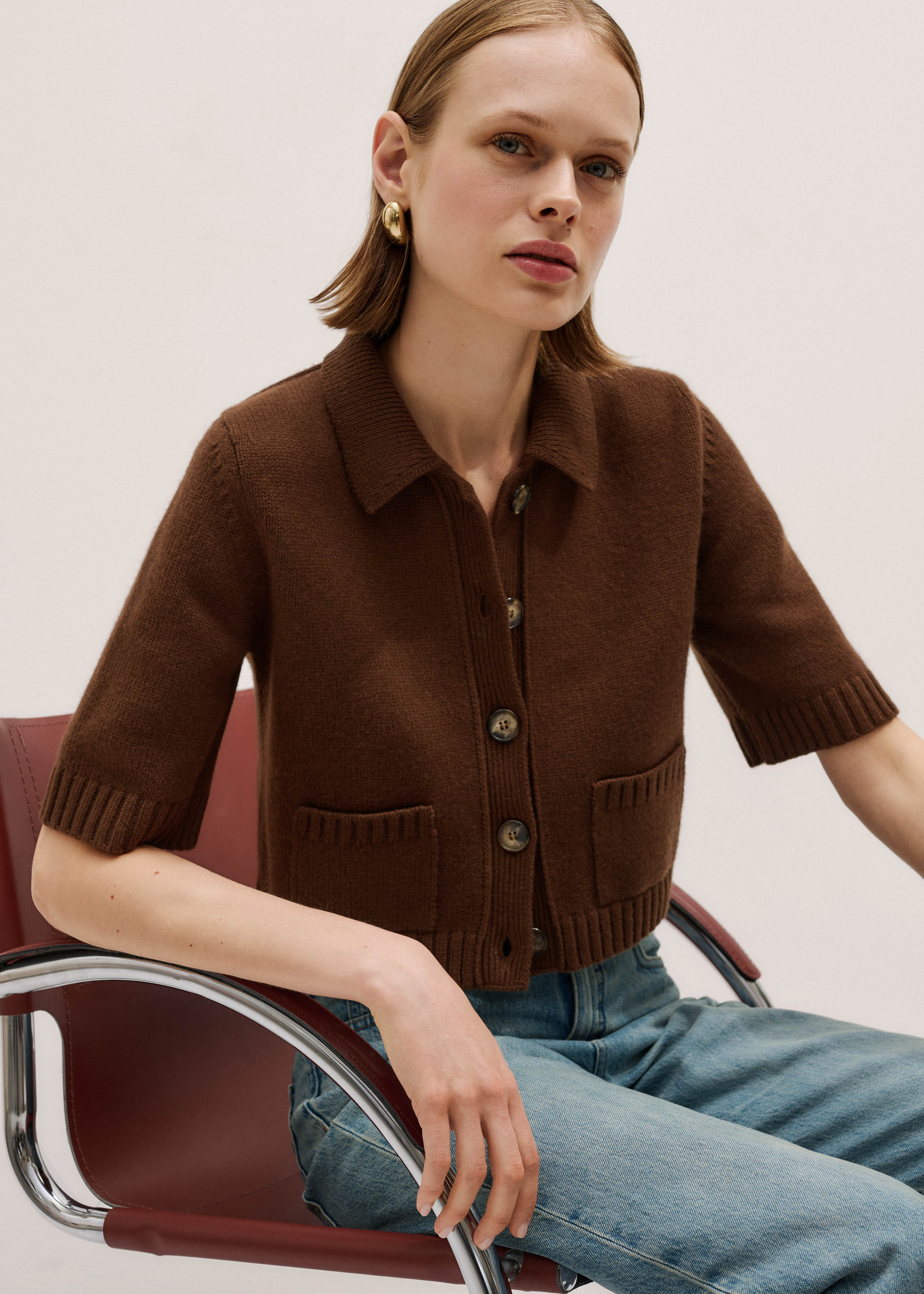 Women's Brown Short Sleeve Cropped Knit Jacket | ME+EM