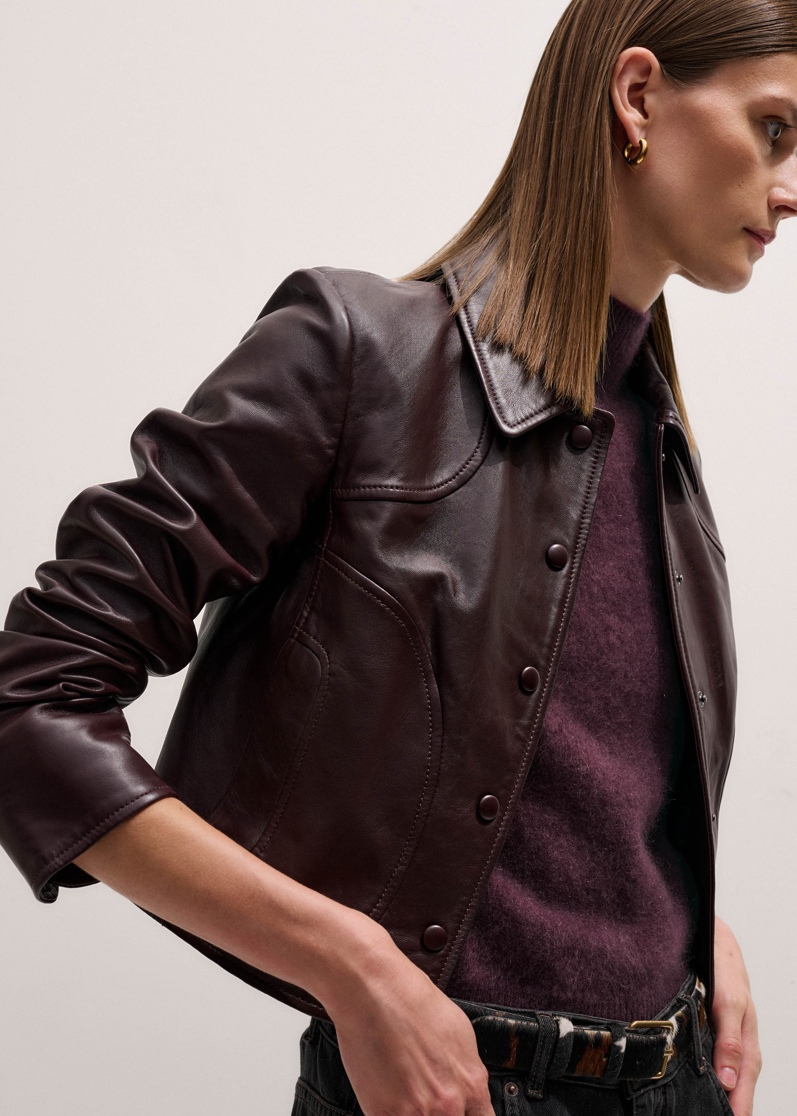 Women's Red Leather Curved Seam Detail Neat Short Jacket | ME+EM