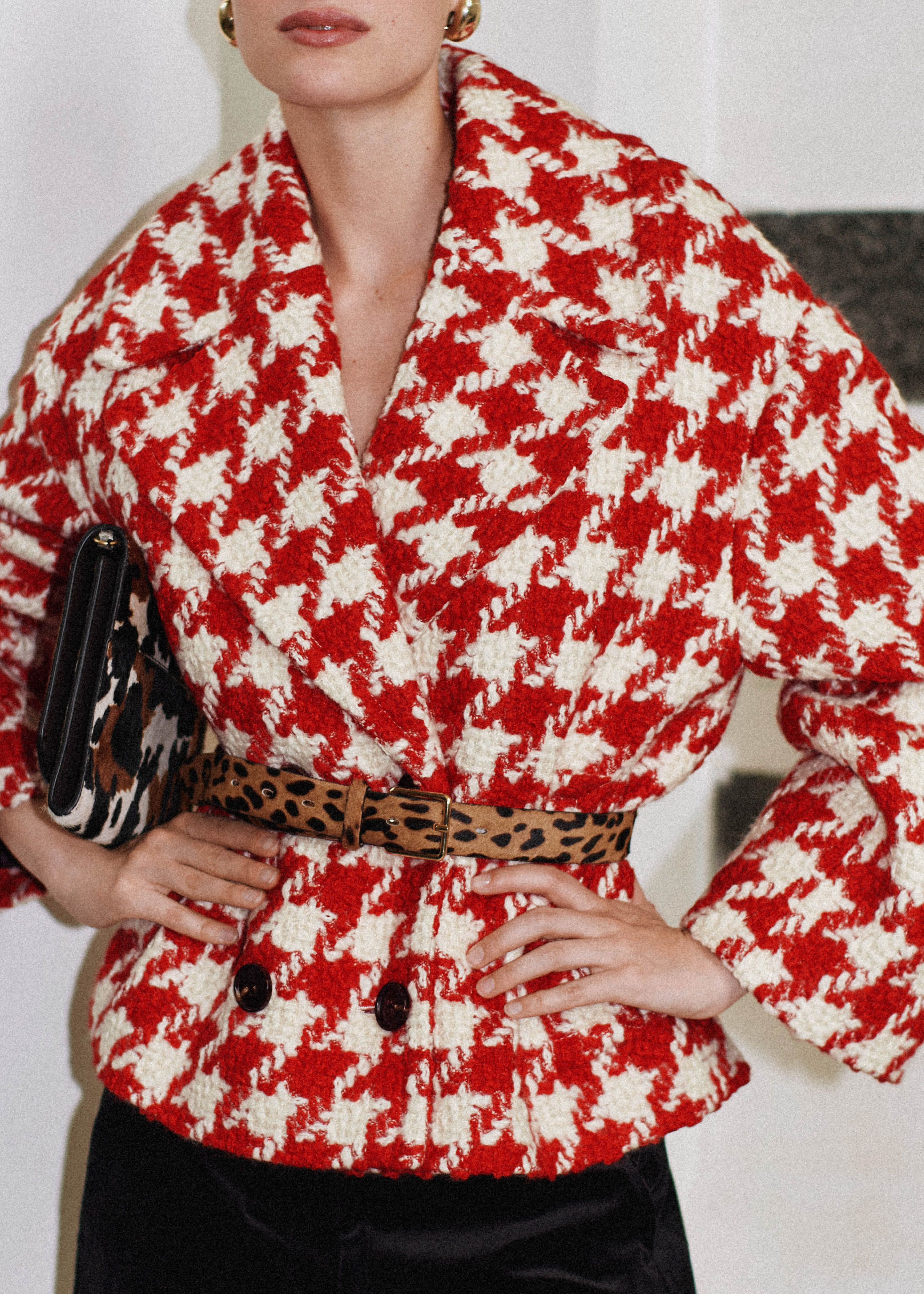 Women's Red Exaggerated Houndstooth Statement Swing Coat | ME+EM