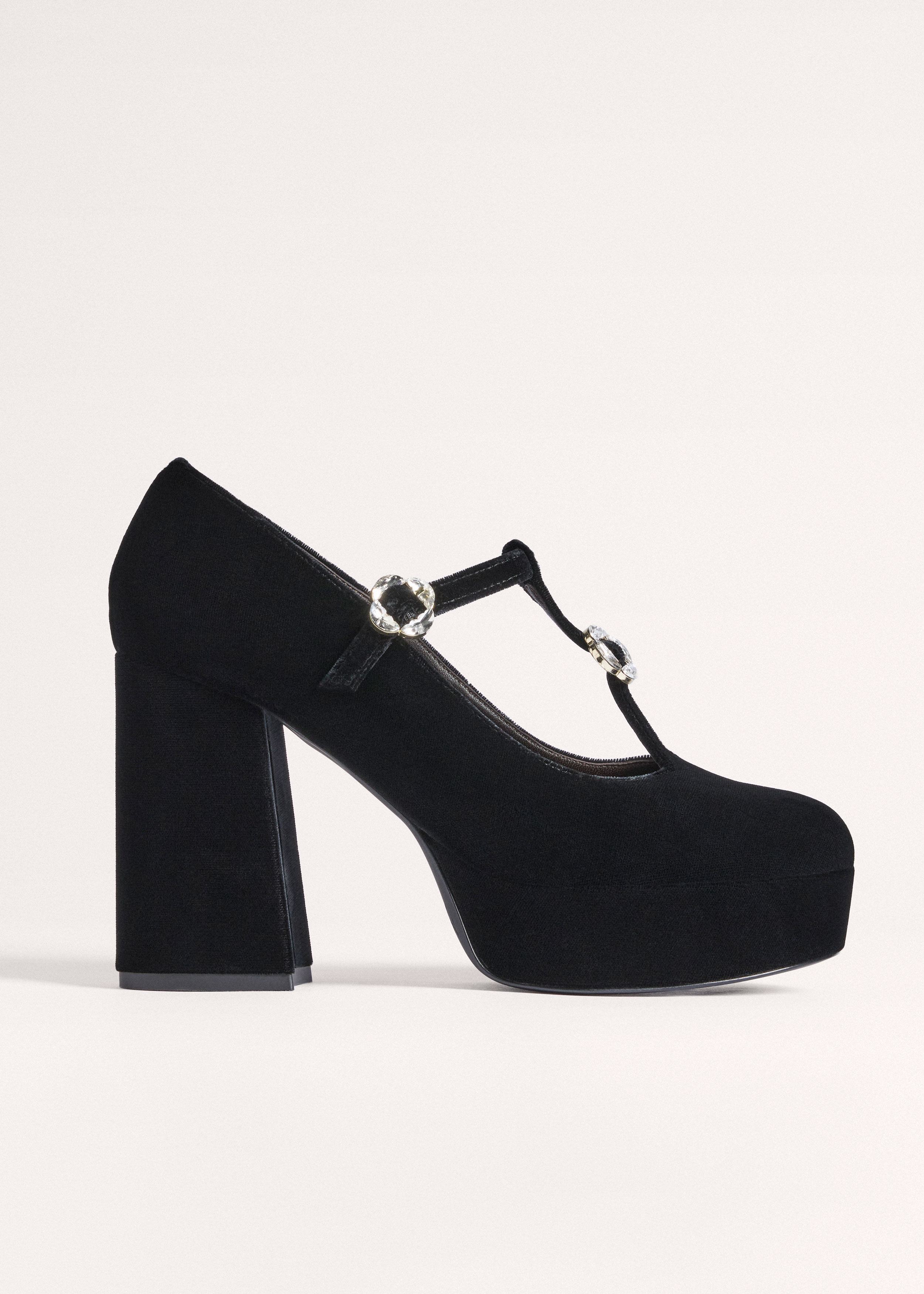 Women's Black Velvet T-Bar Platform Heel | ME+EM