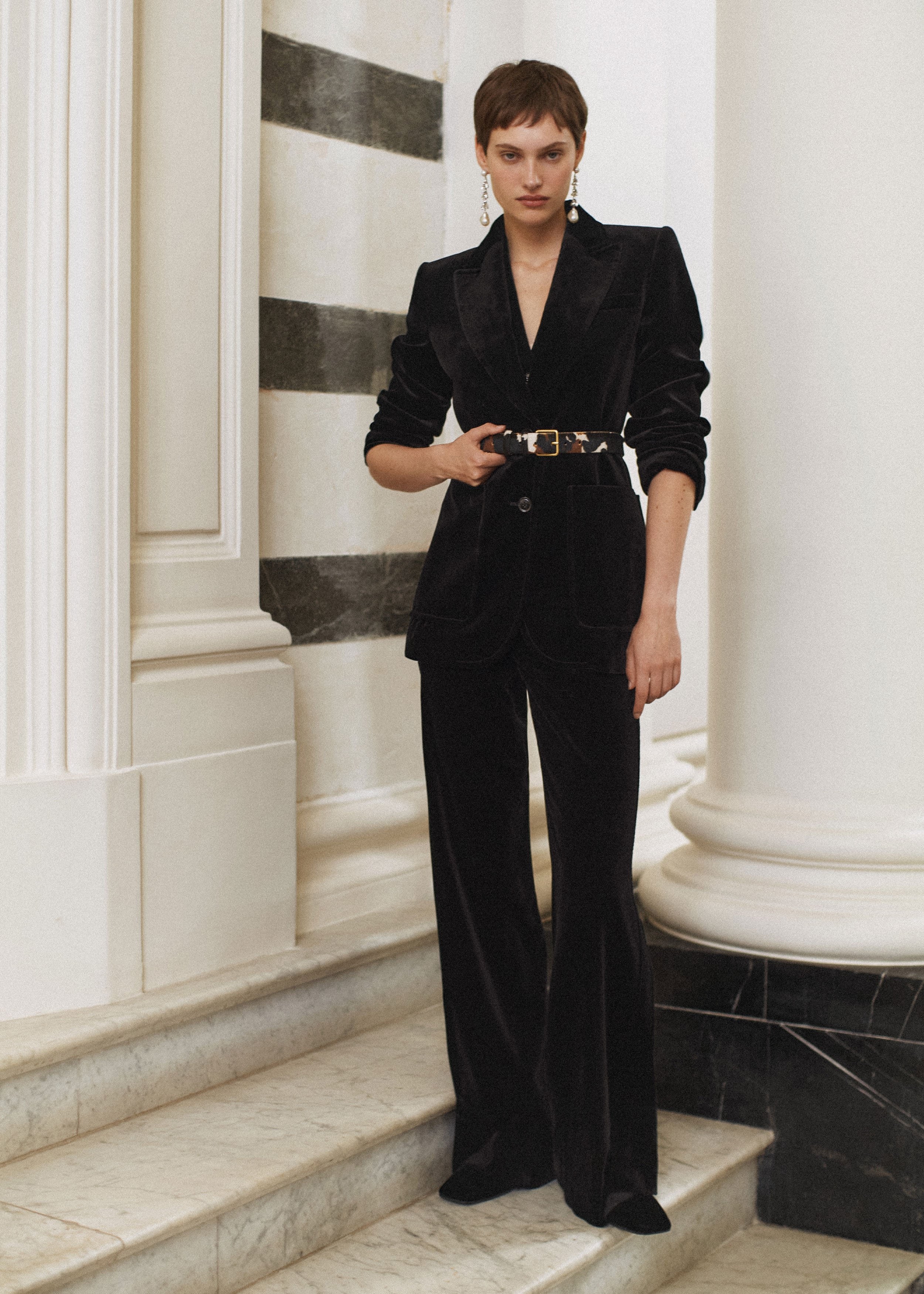 Women's Black Sharp Shoulder Blazer + Kick Flare Trouser Suit | ME+EM