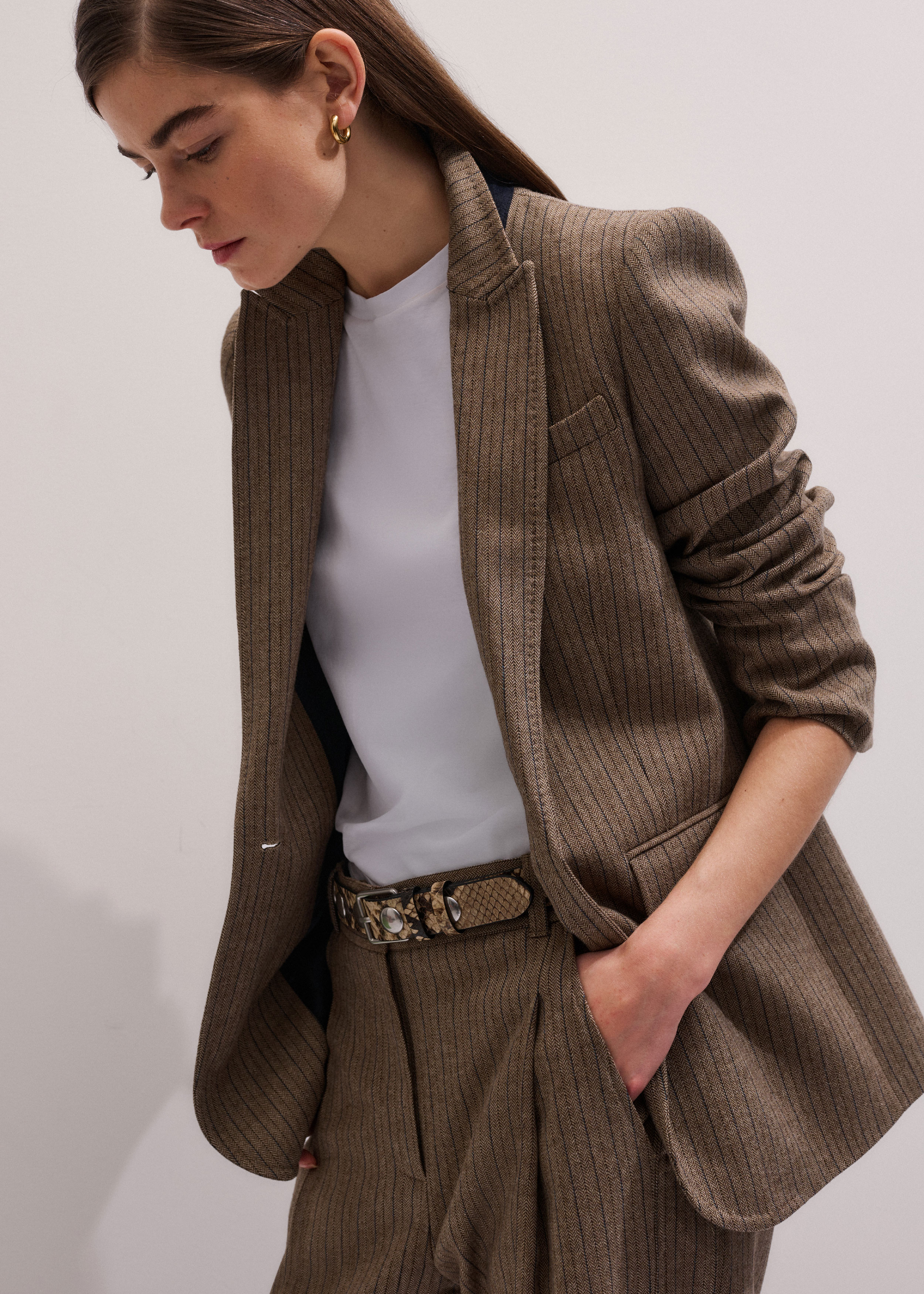 Women's Mocha Brown Pinstripe Sharp Shoulder Blazer | ME+EM