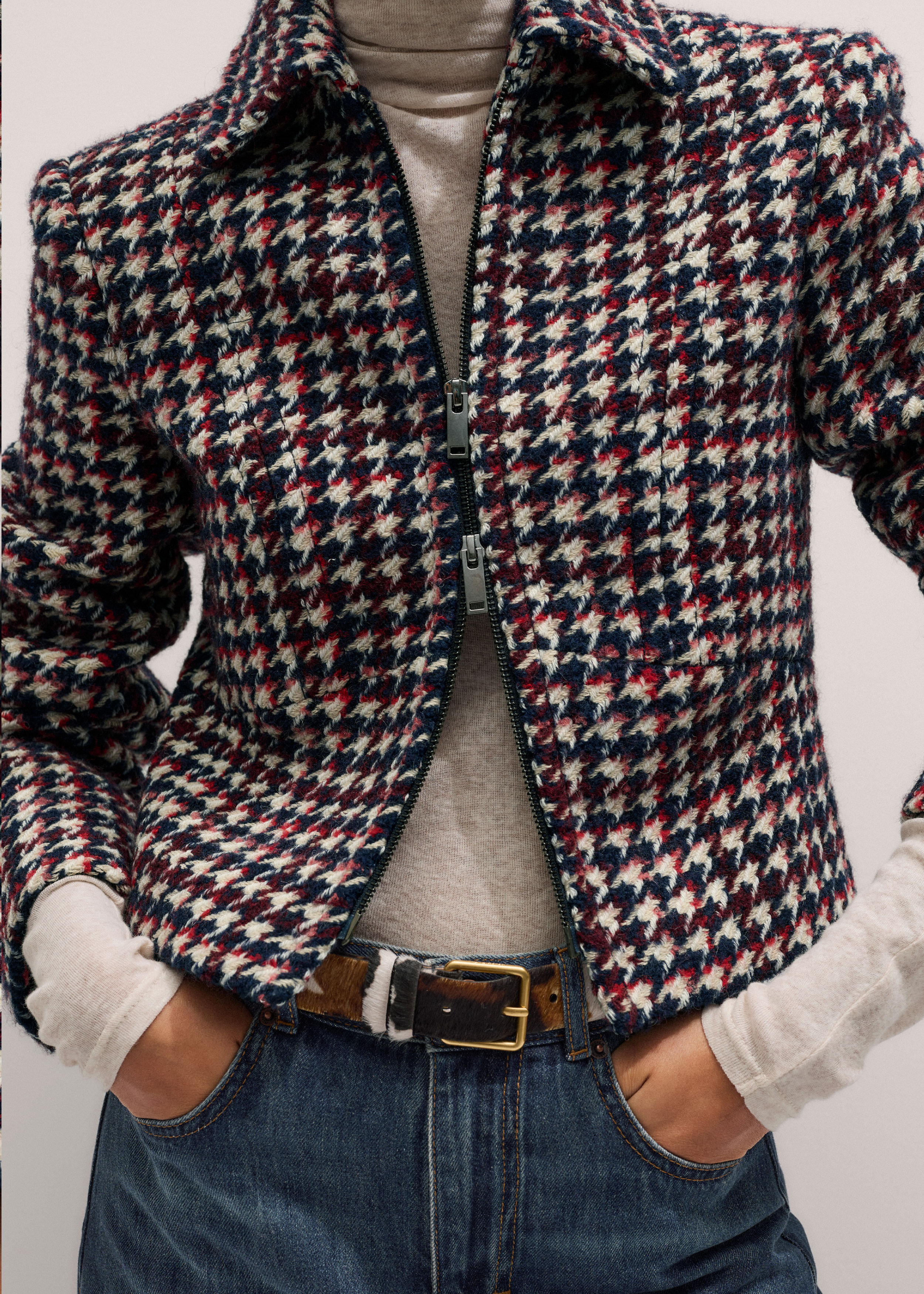 Women's Red Houndstooth Fitted Cropped Jacket | ME+EM