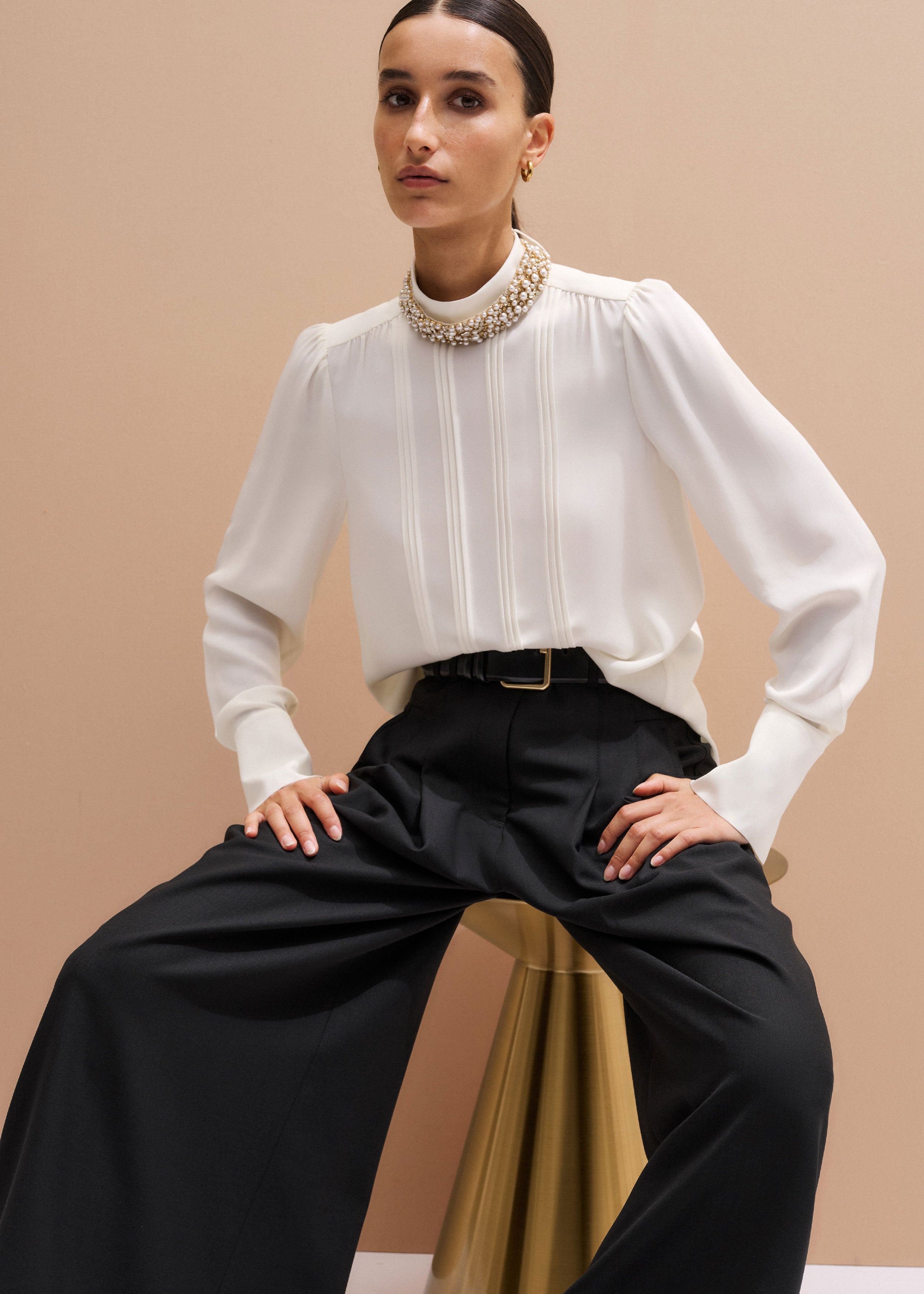 Women's Cream Silk AM-PM High Neck Top + Embellished Collar | ME+EM