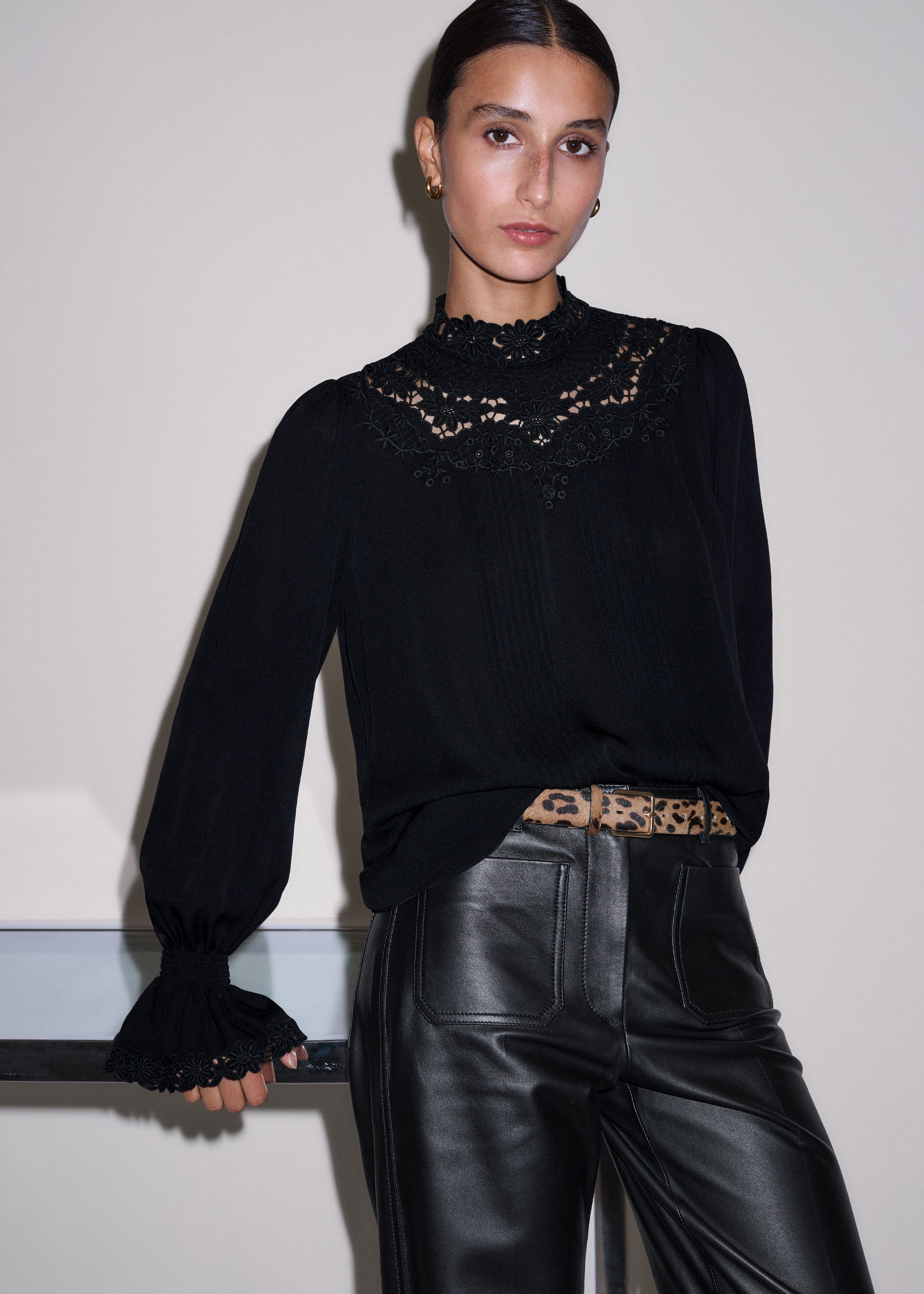 Women's Black Silk Ornate Embroidered High-Neck Top | ME+EM