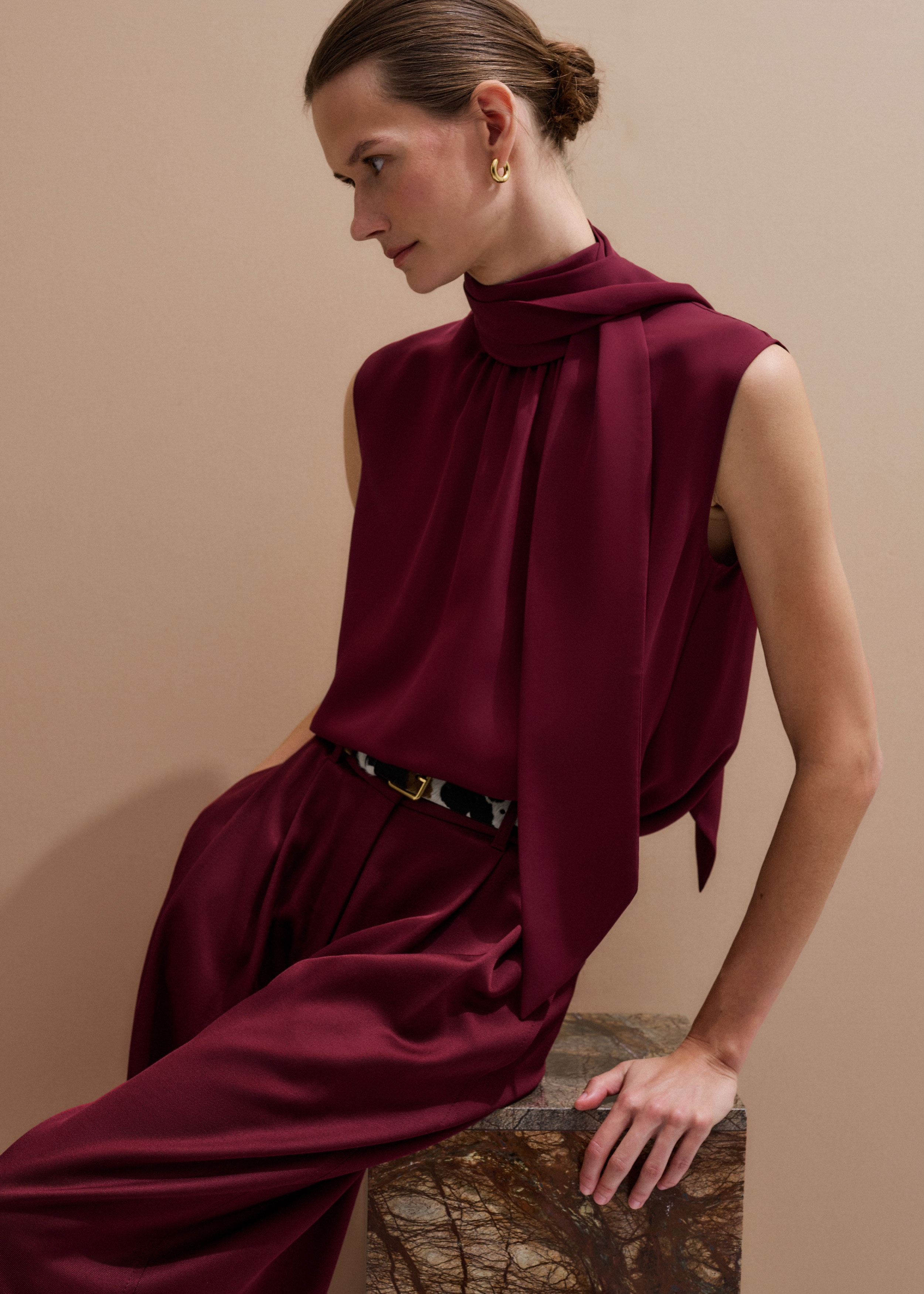 Women's Red Silk AM-PM Sleeveless Top + Scarf | ME+EM