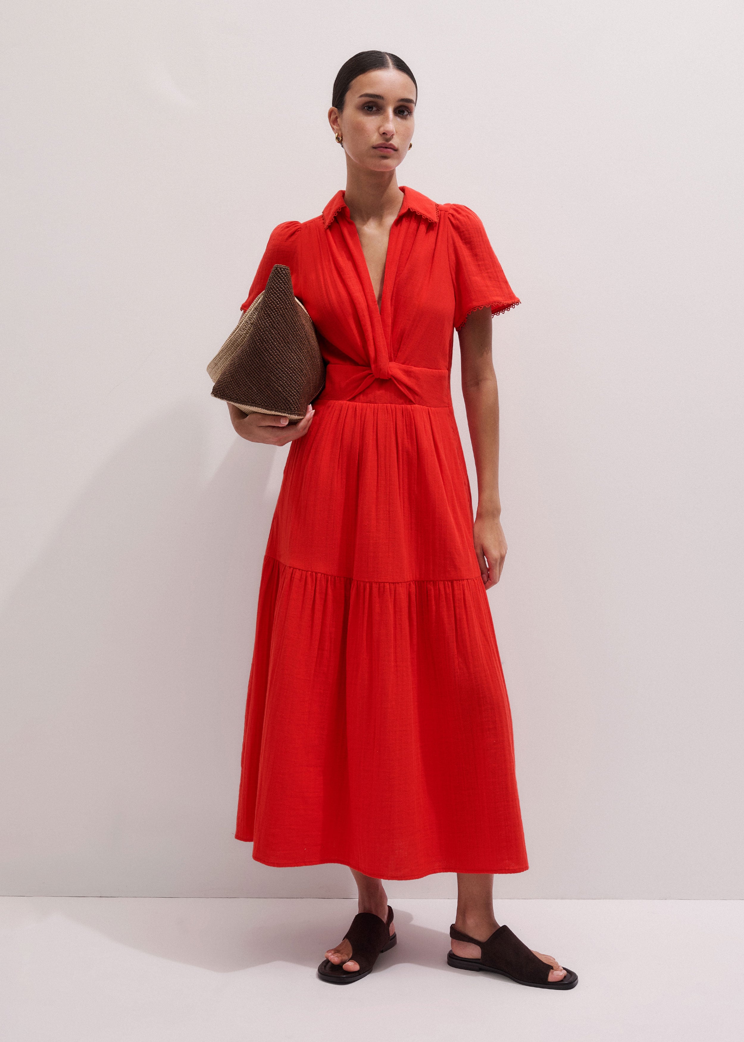 Women's Red Cheesecloth Twist Detail Fit + Flare Maxi Dress | ME+EM