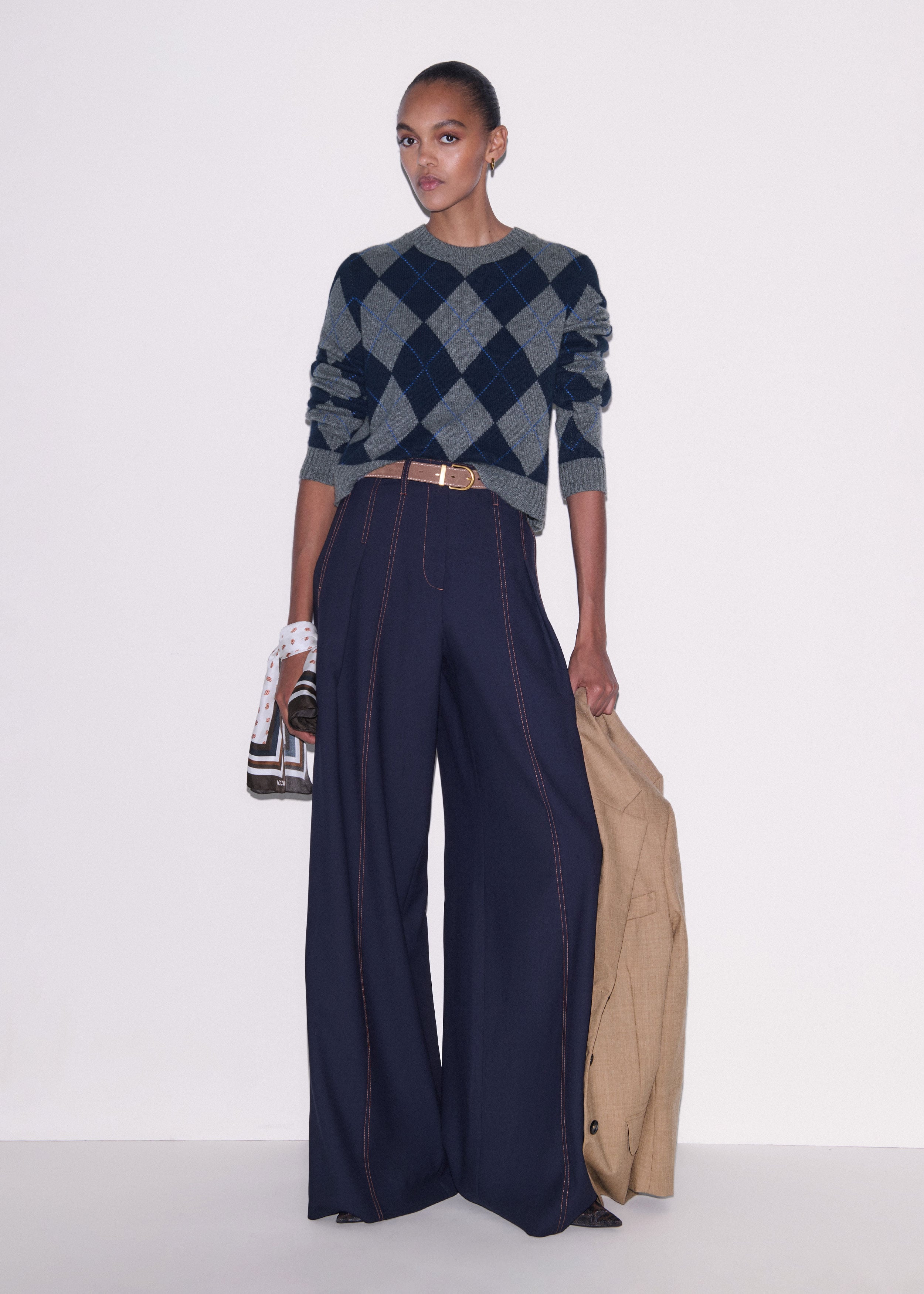 Women's Navy Contrast Top Stitch Wide-Leg Pant | ME+EM