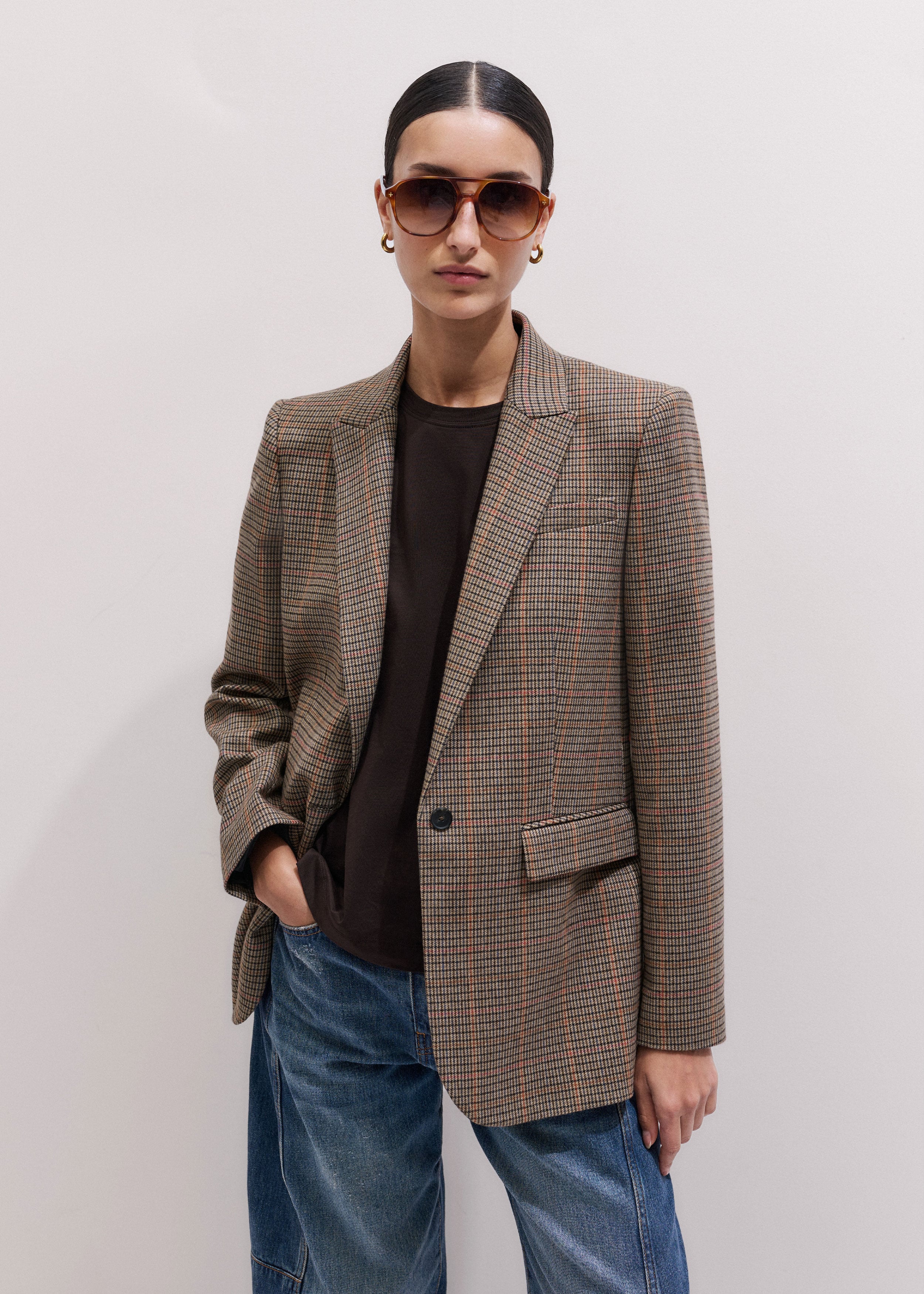 Women's Brown Check Sharp Shoulder Blazer | ME+EM
