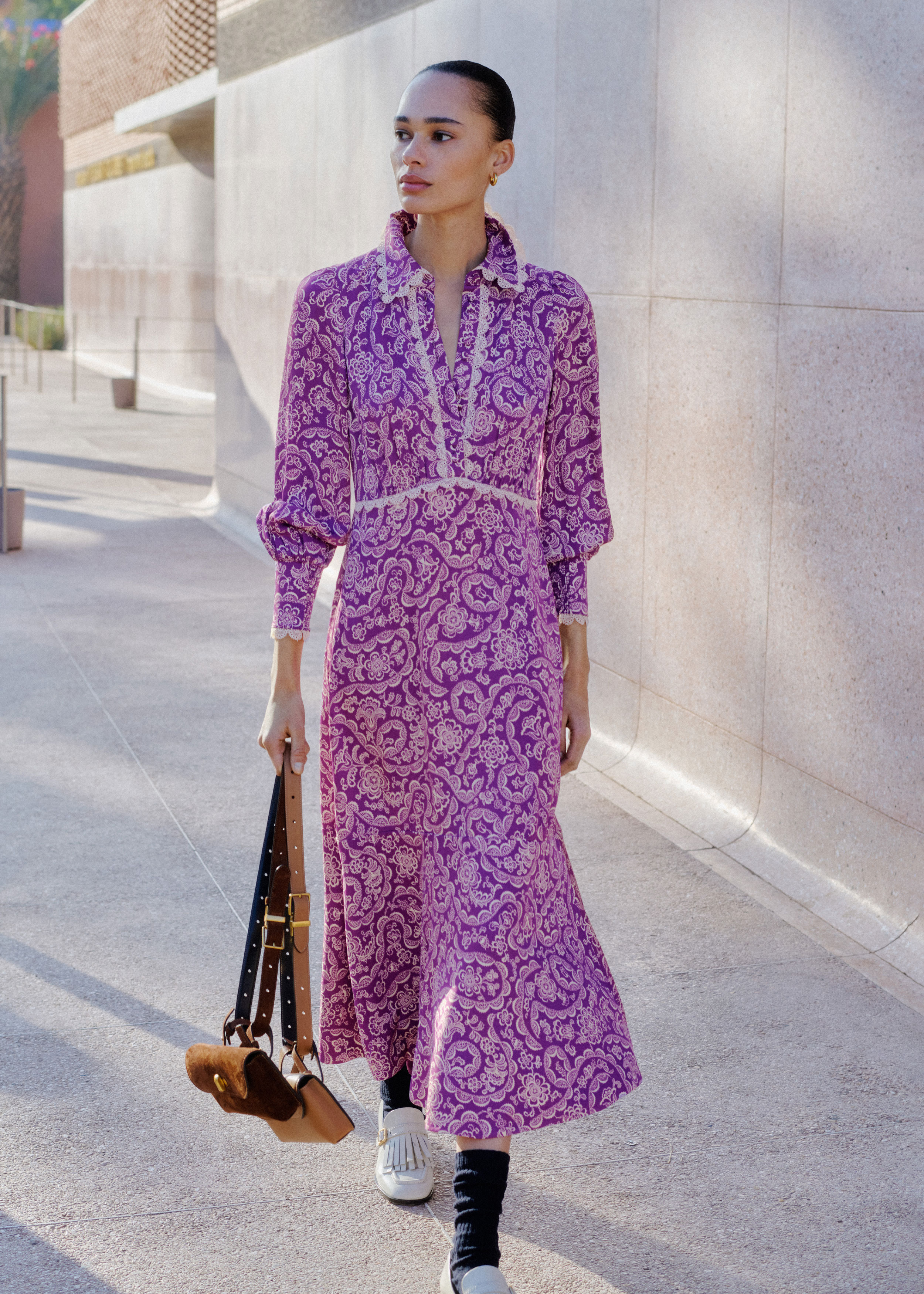 Women's Purple Entangled Lace Print Fit + Flare Maxi Dress | ME+EM