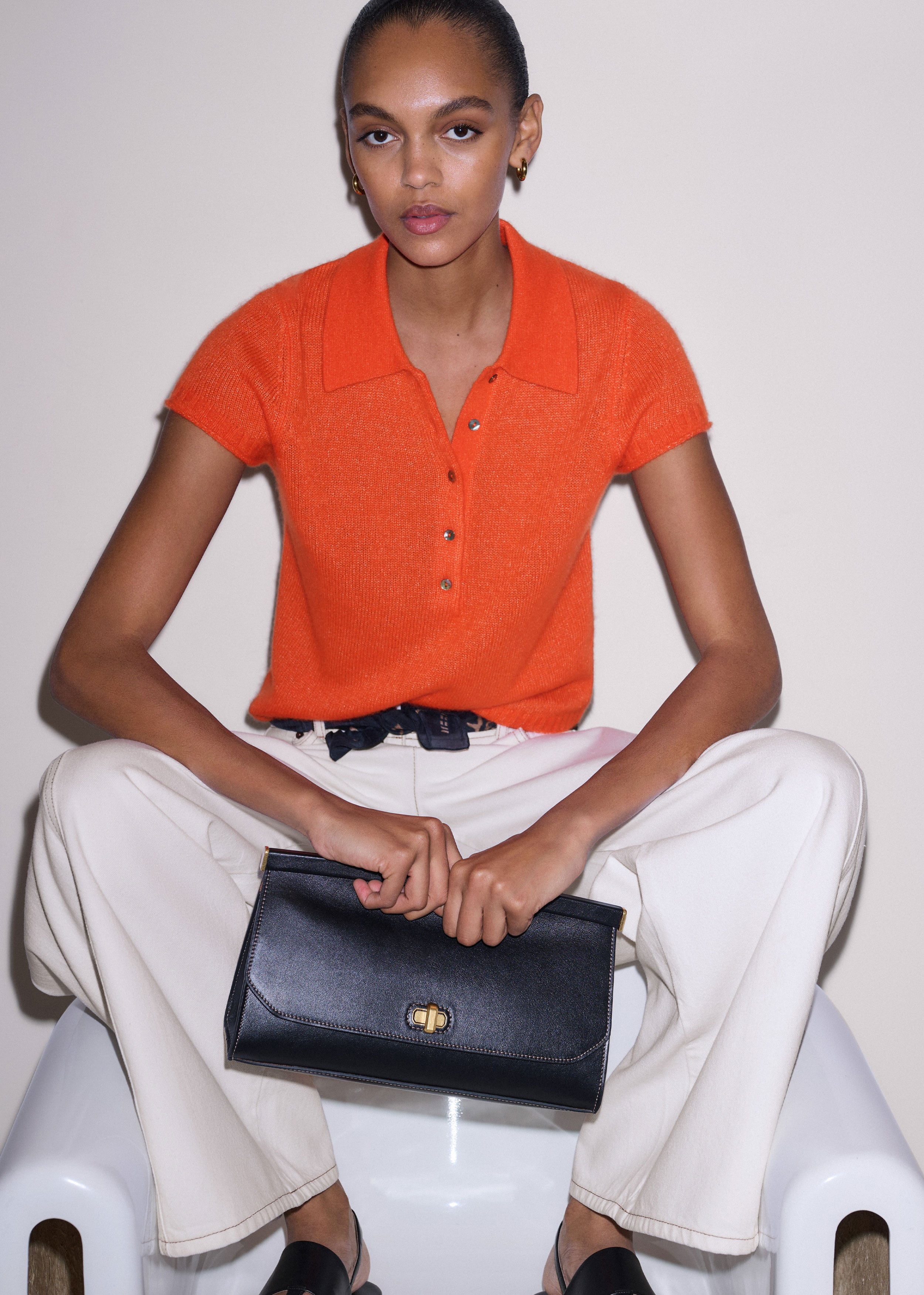 Women's Orange Merino Cashmere Silk Straight Polo Tee | ME+EM