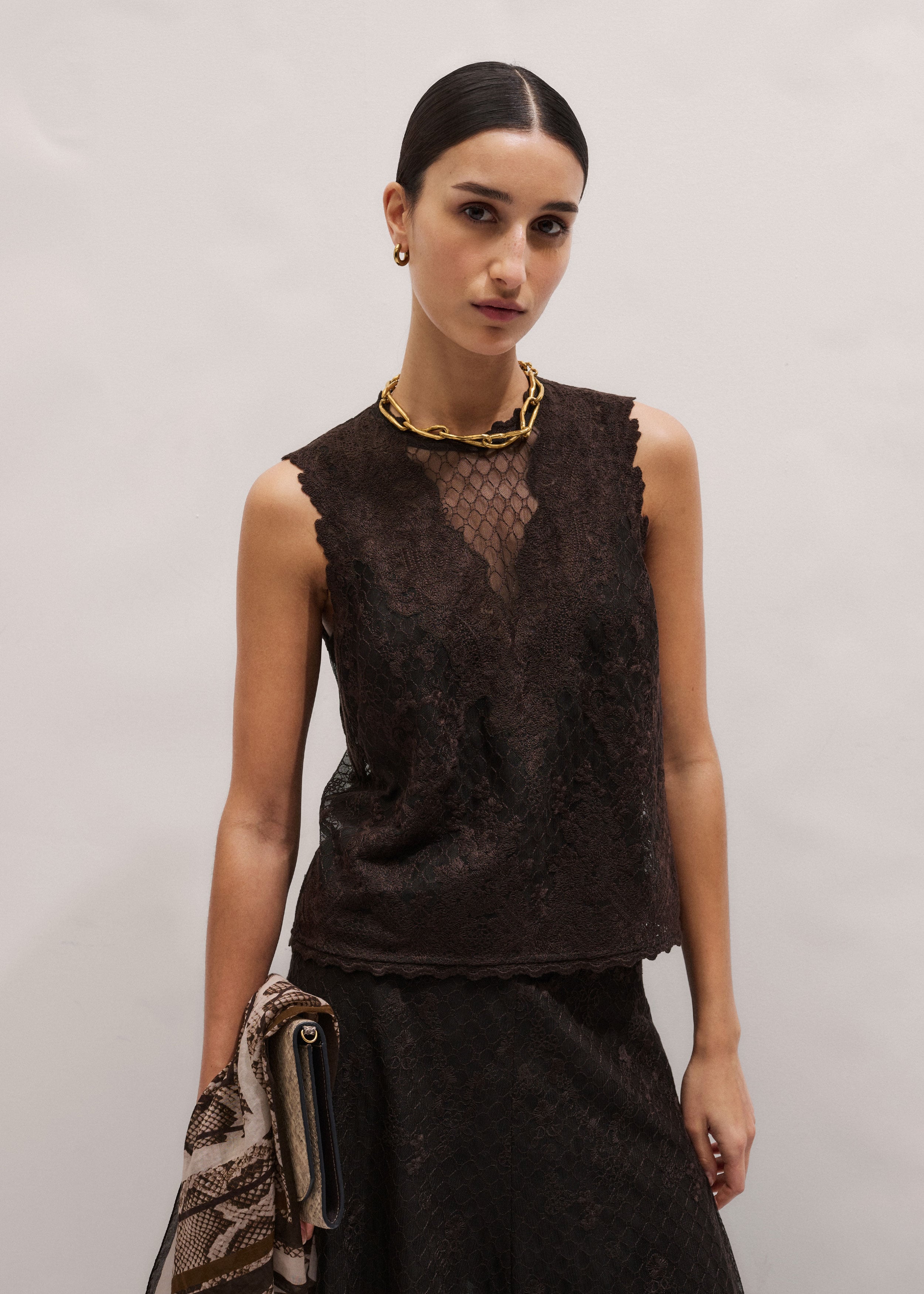 Women's Brown Embroidered Tulle Summer Occasion Top + Cami | ME+EM