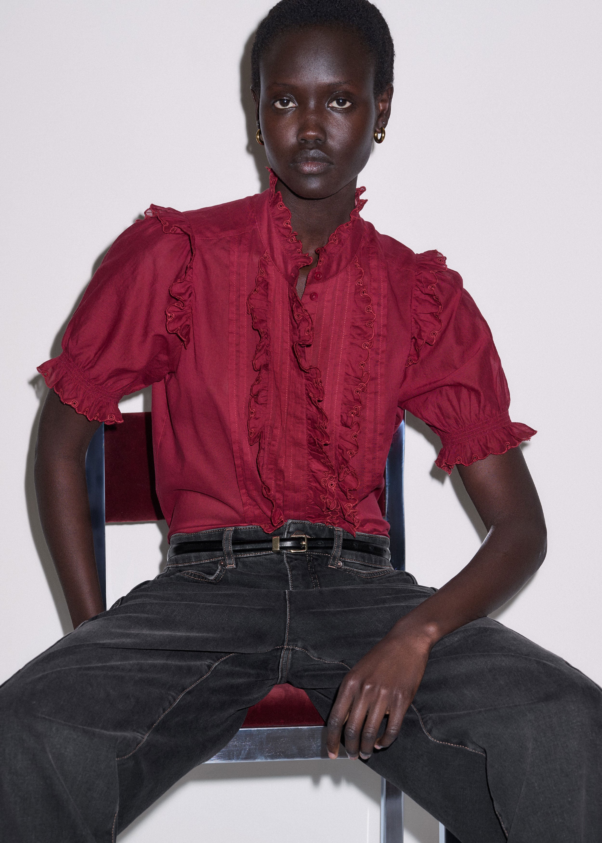 Women's Red Broderie Straight Blouse | ME+EM